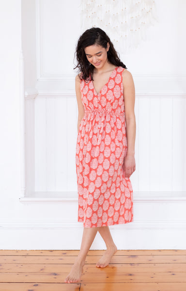 Button Sundress in Coral Motif | Anokhi USA